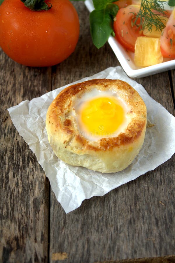 Round Bread Bun with Egg Inside Bun Stock Image - Image of deep, buffet ...