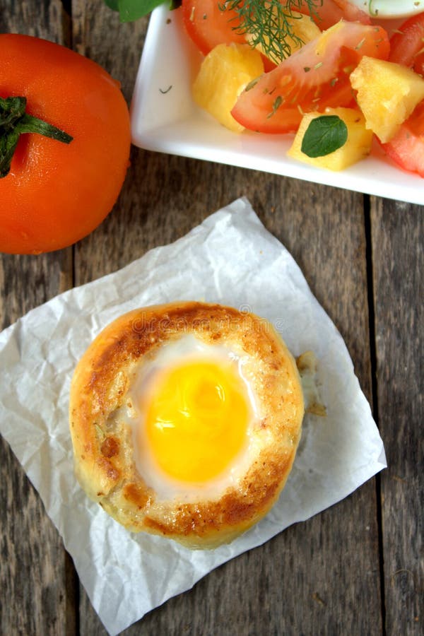 Round Bread Bun with Egg Inside Bun Stock Image - Image of dinner ...