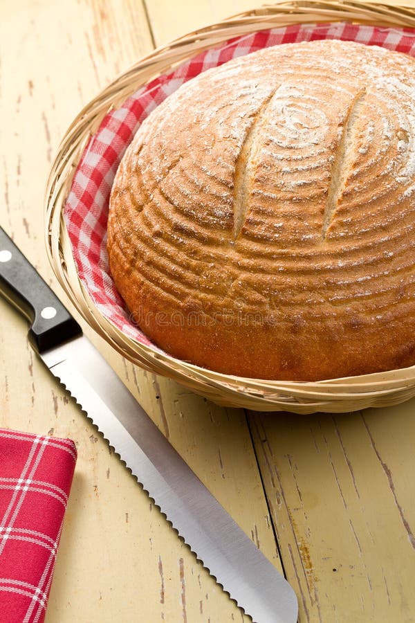 Round Bread on Kitchen Table Stock Image - Image of wheat, homemade ...