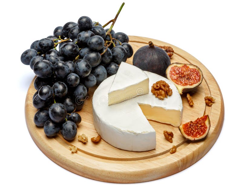 Round Brie or Camambert Cheese on Cutting Board White Background Stock ...