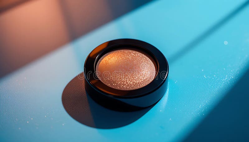 Shimmering Bronzer Compact on a Blue Surface with Dramatic Lighting ...