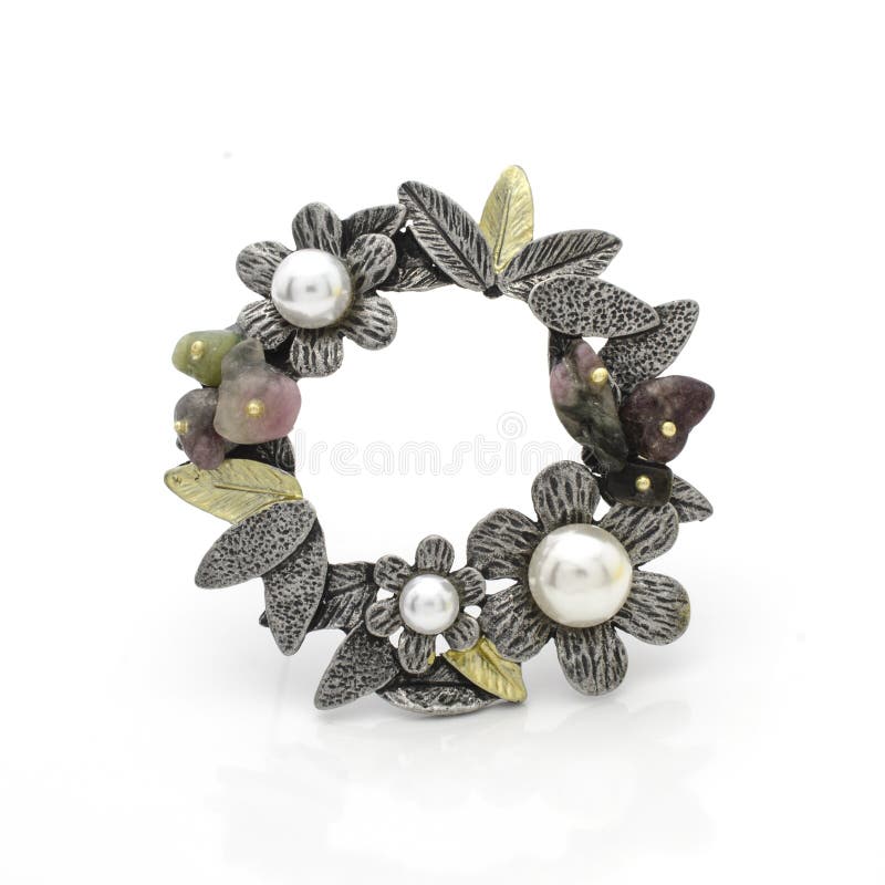 Round Brooch with Flowers and Pearls Isolated on White Stock Image ...