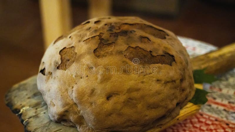 Round Brown Bread Baked in a Rustic Oven, Close-up Stock Image - Image ...