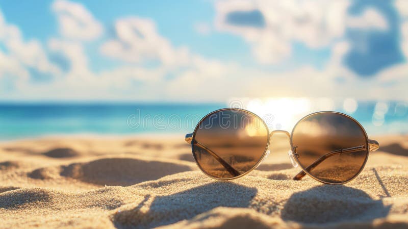 Round Brown Sunglasses on Sandy Beach at Sunset Stock Illustration ...