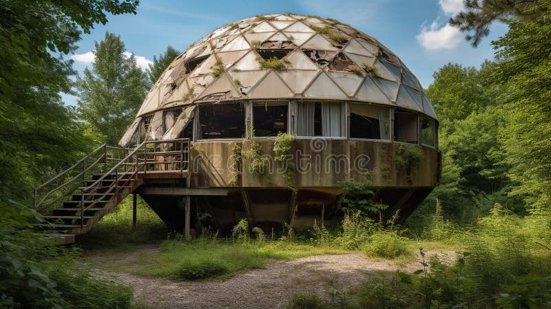 A Round Building from the Back View, Abandoned Facility, Amid Dense ...