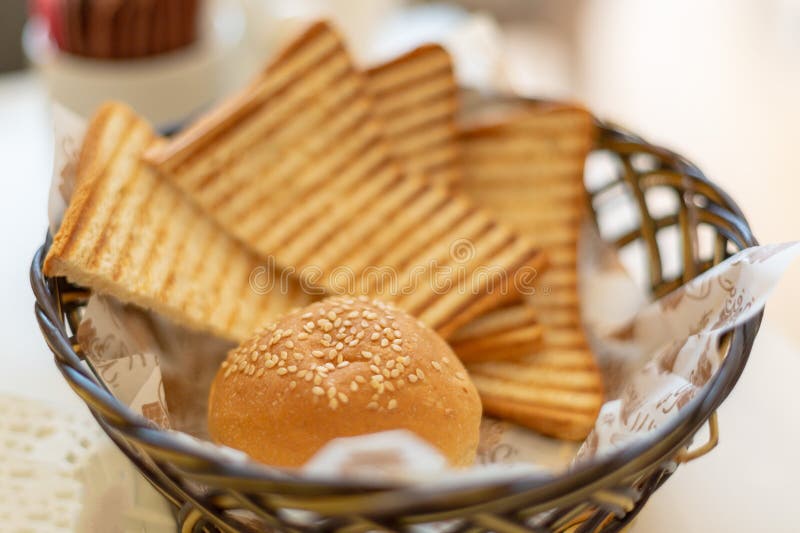 Round Bun and Fried Toasts. Stock Image - Image of food, sesame: 183750895
