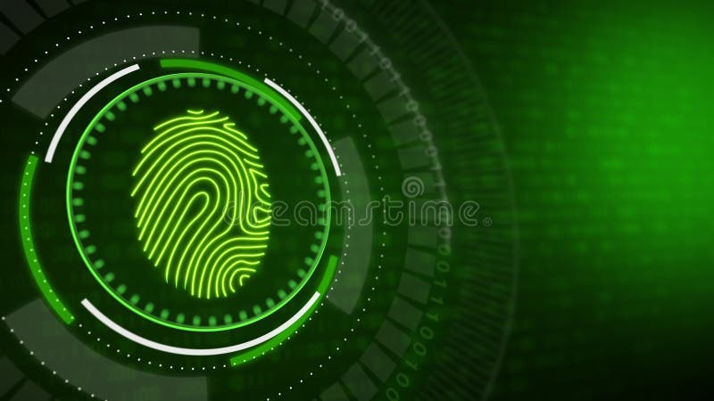 Round Button with Fingerprint Scan. HUD Animation of Virtual Computer Cyber Security Elements ...