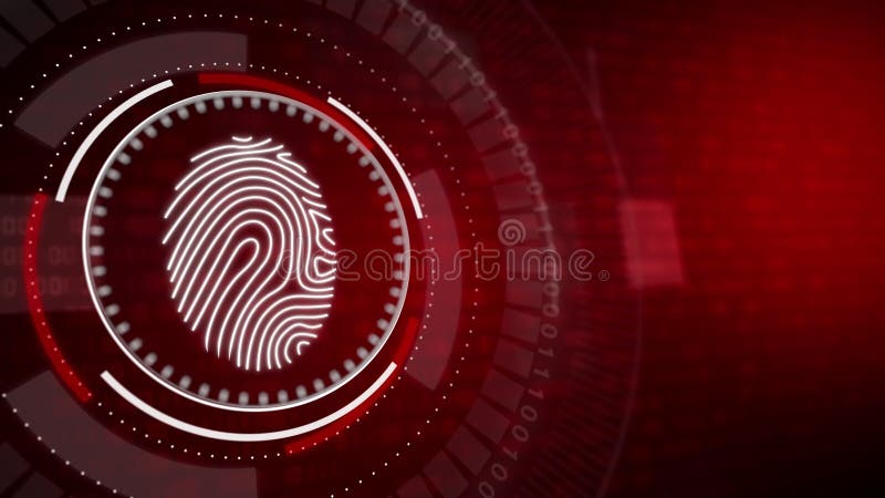 Round Button with Fingerprint Scan. HUD Animation of Virtual Computer Cyber Security Elements ...