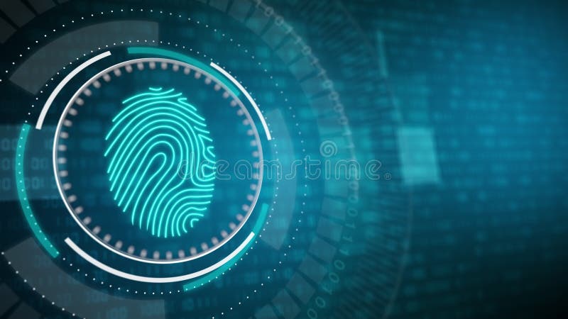 Round Button with Fingerprint Scan. HUD Animation of Virtual Computer Cyber Security Elements ...