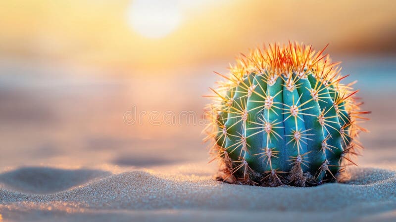 Round Cactus at Sunset in Desert Sand Stock Illustration - Illustration ...