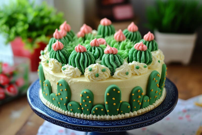 Round Cake Decorated with Cactus-shaped Icing and Fondant, Creating a ...