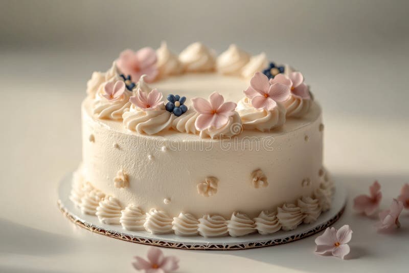 Round Cake Decorated with Pink and Blue Icing Flowers, Sitting on a ...