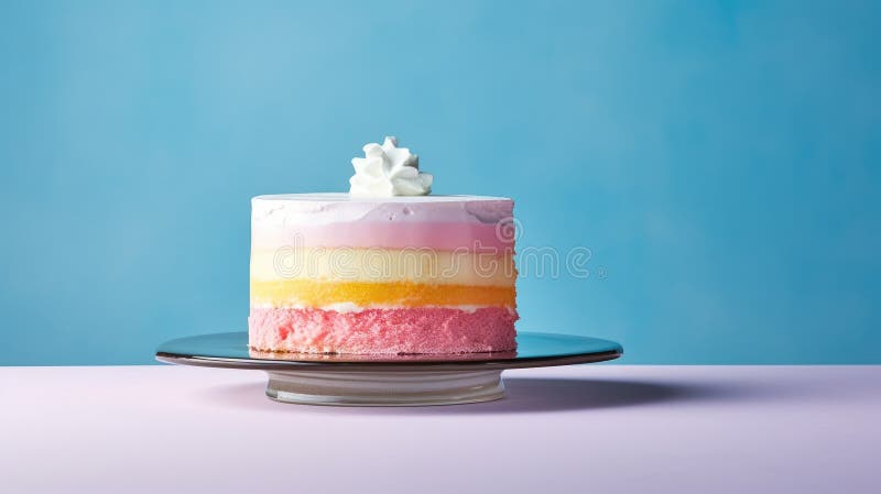 Round Cake with Multi-colored Layers on Plate. the Sponge Cake is ...