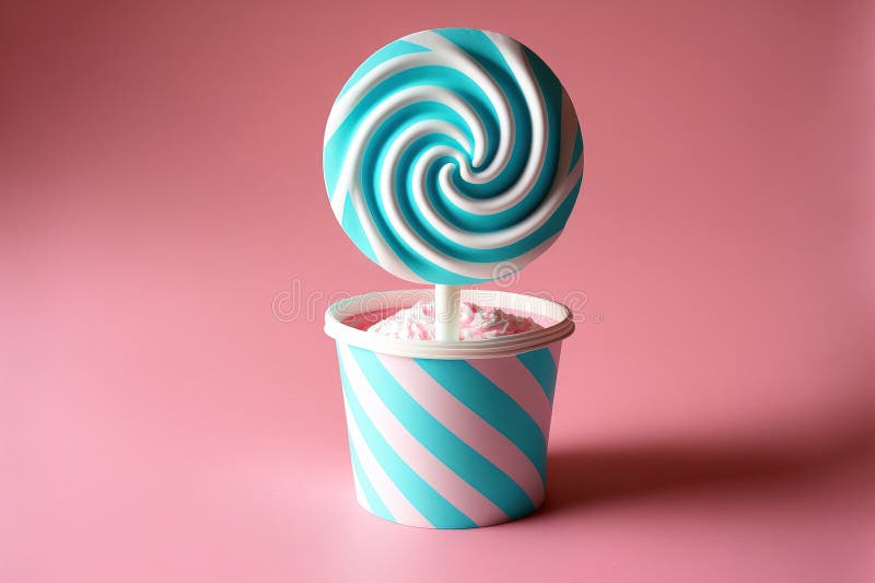 Round Candy Lollipop with a Blue and White Swirl in a Paper Cup on a ...
