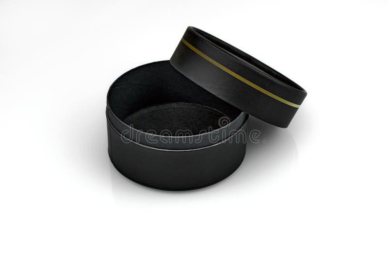 Round Cardboard Box on a White Mirror Background. Round Black Box on a ...