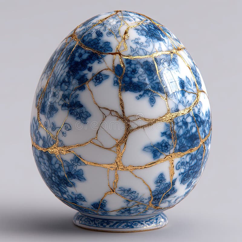 Round Ceramic Eggshell-like Object with Gold Cracks, Blue Floral and Paisley Patterns on White ...