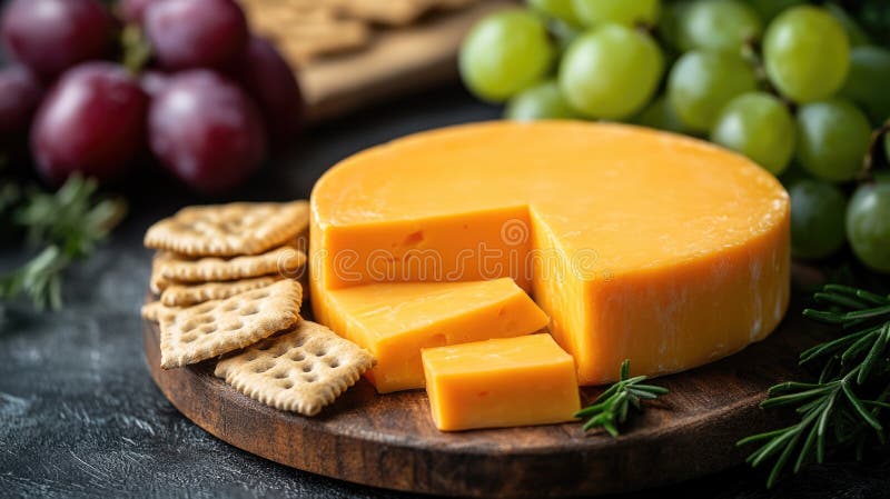Round Cheddar Cheese with Grapes and Crackers on Wooden Board Stock ...
