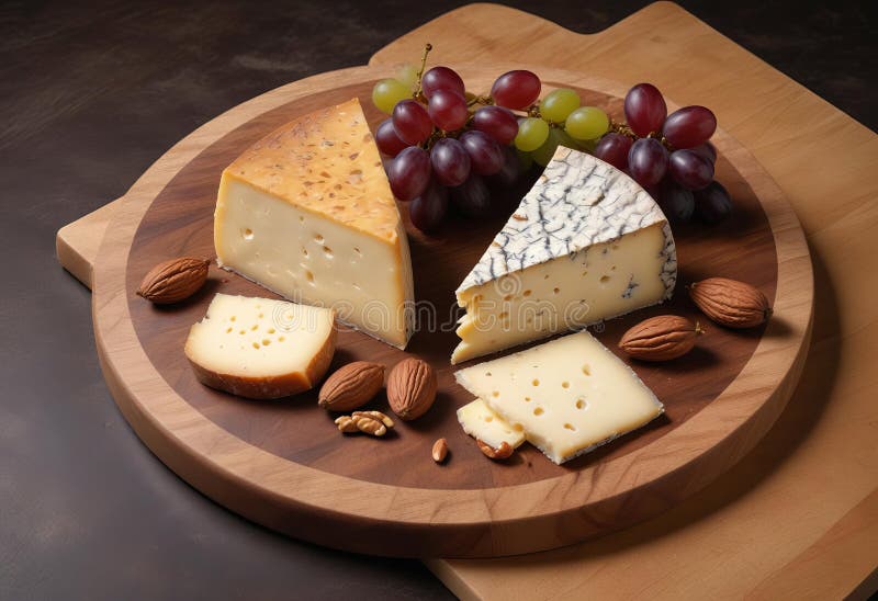 Round Cheese on a Cutting Board, with Nut and Grape Stock Illustration ...