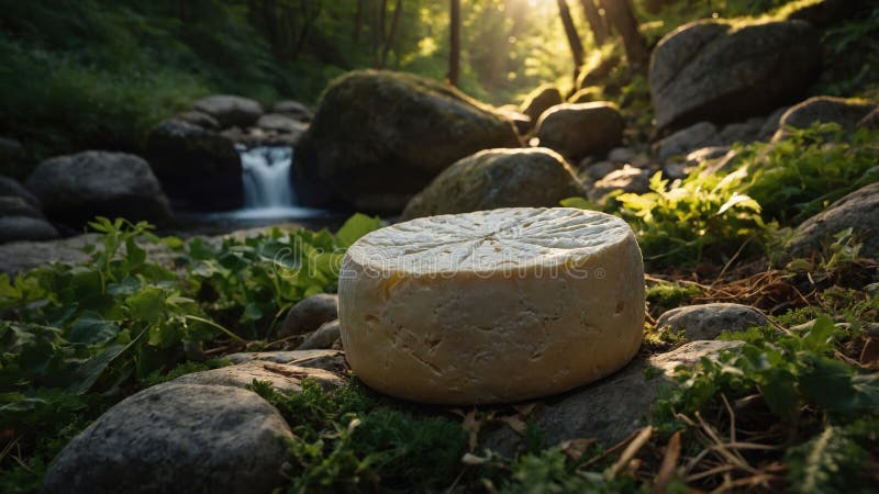 Rustic Wheel of Cheese on Mossy Rocks by a Forest Stream Stock ...