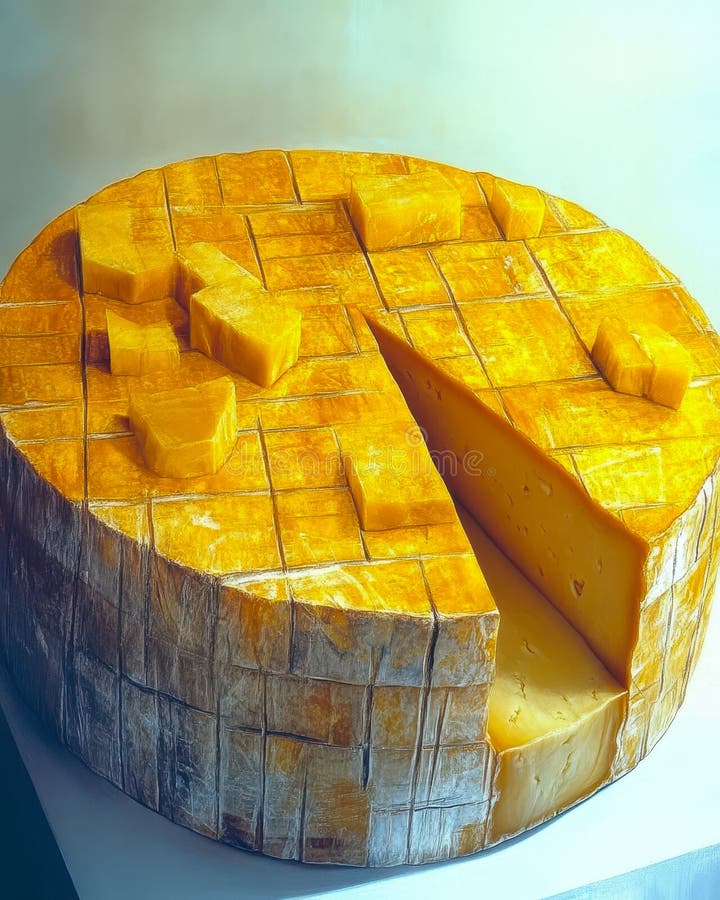 Round Cheese Wheel Showcasing a Perfectly Cut Slice Against a Clean ...