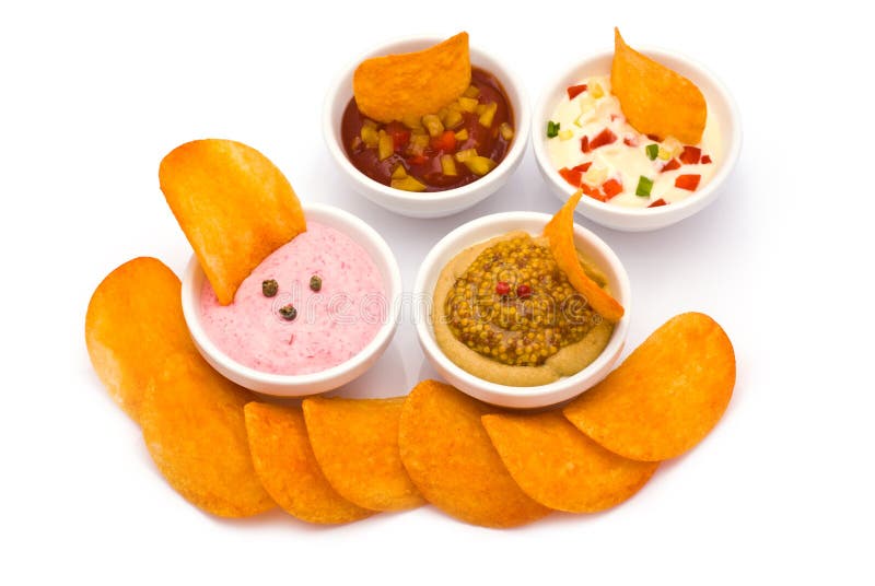 Round Chips with Various Dip Sauces Stock Photo - Image of nachos ...