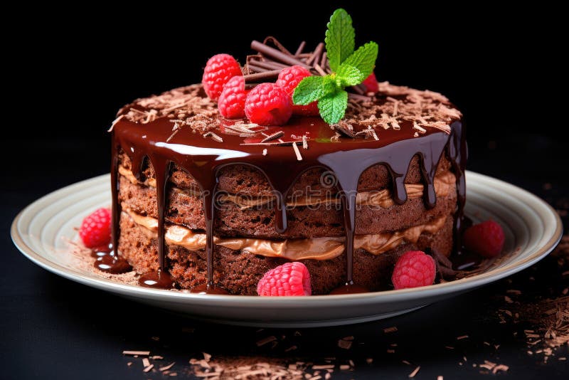 Round Chocolate Cake Covered with Icing with Streaks and Decorated with ...