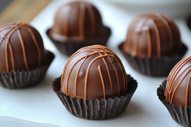 Round Chocolate Candies Covered with Milk Chocolate Lines are Served on ...