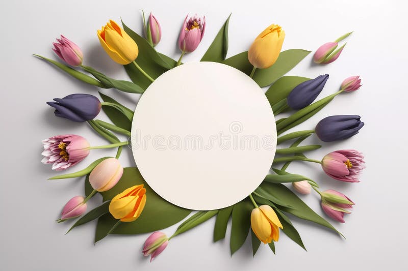 Round Circle Mockup with Tulips Around, Easter Spring Template Stock ...
