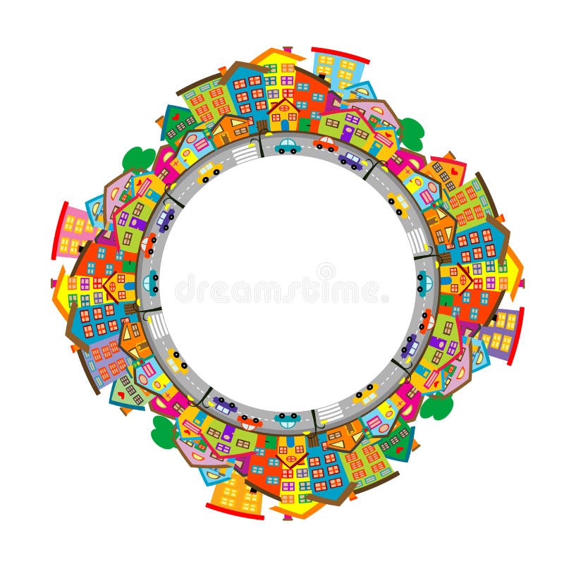 Round City Frame with Colored Cartoon Houses Stock Vector ...