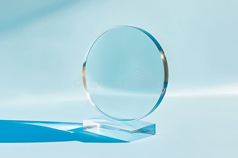 Round Clear Acrylic Disc with Base on Light Blue Background ...
