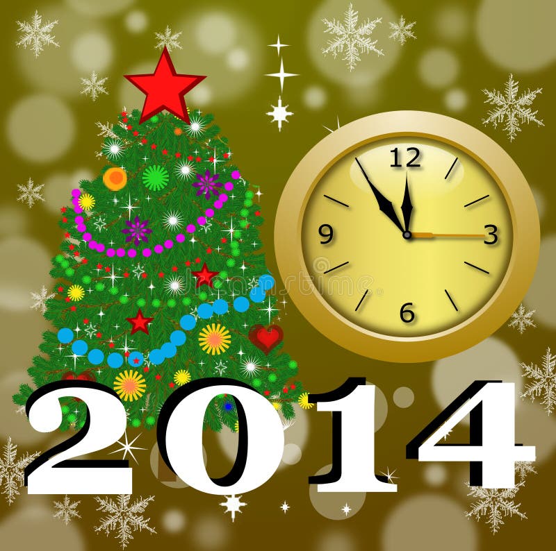 Round Clock with a New-year Tree Stock Illustration - Illustration of ...