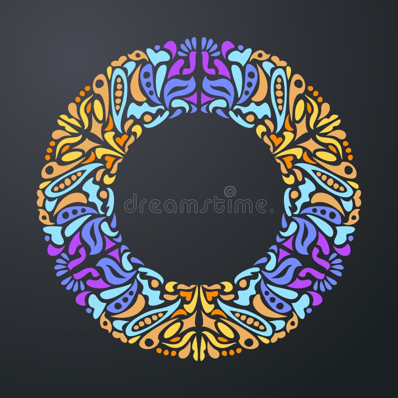 Round Colorful Bright Ornamental Frame on Dark Background. Vector ...