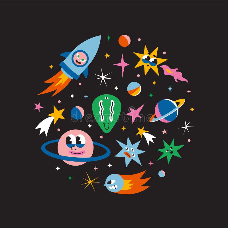 Round Composition with Cute Outer Space Elements. Cosmic Bundle with ...