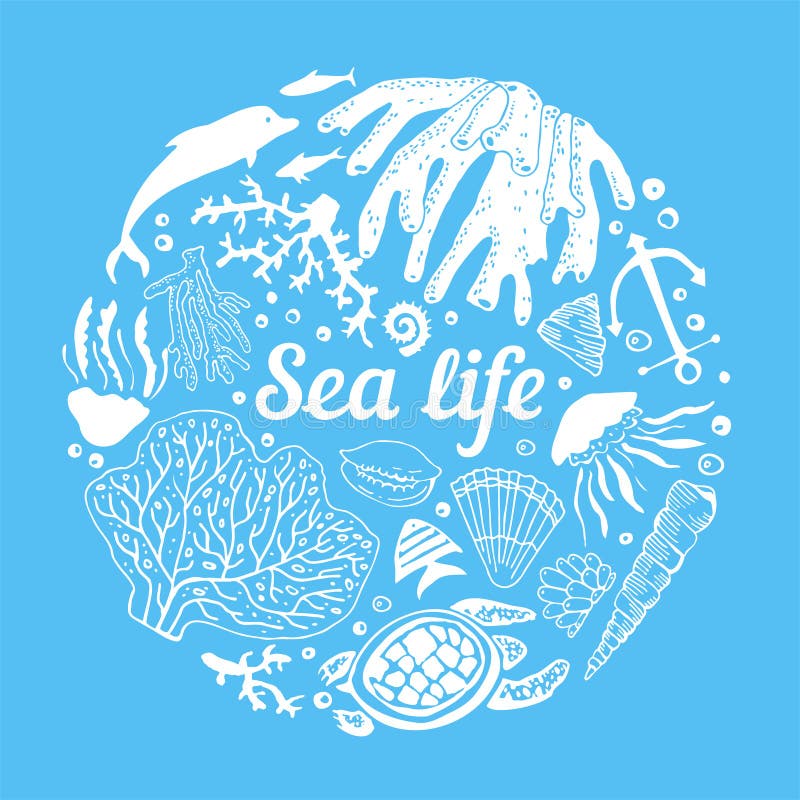 Round Composition with Sea Animals and Corals. Hand Drawn Vector ...
