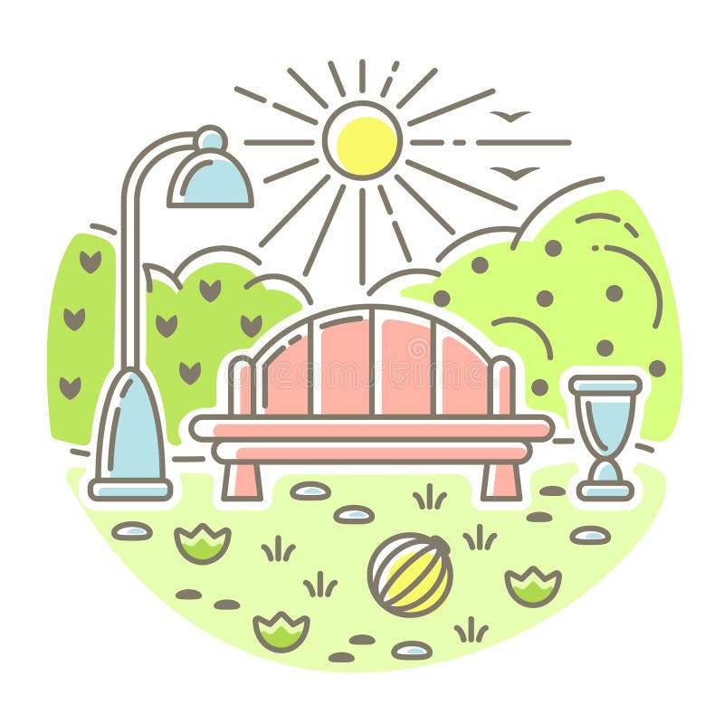 Round Concept with Bench, Lamp and Nature Elements Stock Vector ...