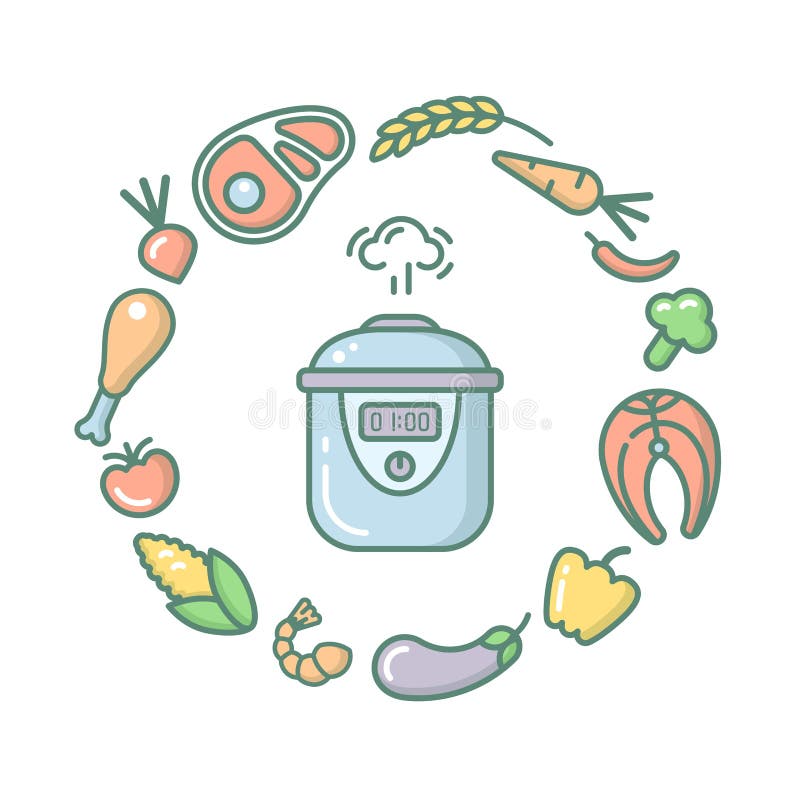 Round Concept with Multicooker and Different Food Stock Vector ...