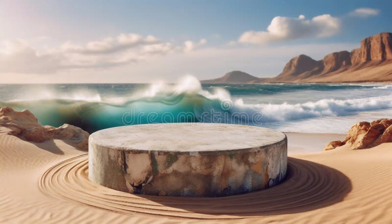 Round Concrete Platform in a Desert with Ocean Waves Breaking in the ...