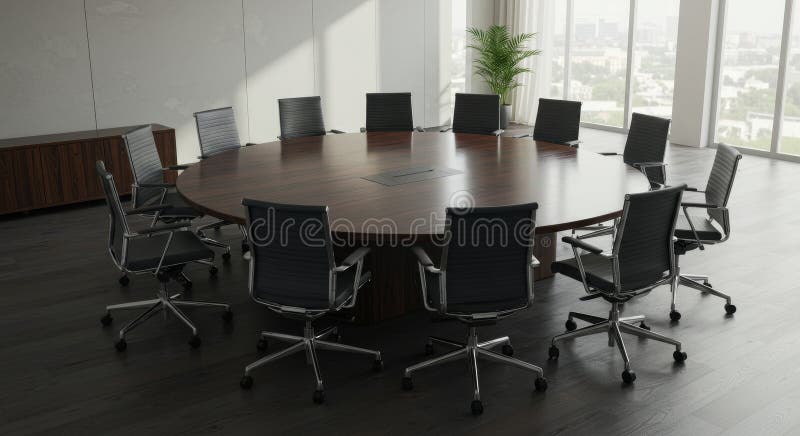 Round Conference Table with Chairs in Modern Office Stock Image - Image ...