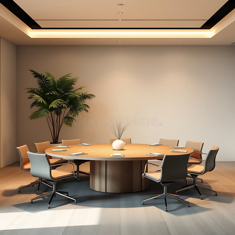 A Round Conference Table in a Minimalist Room with a Large Plant and ...