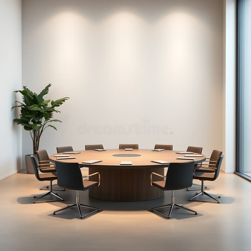 A Round Conference Table in a Minimalist Room with a Large Plant and ...