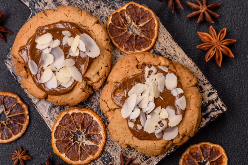 Round Cookies with Nuts and Chocolate Butter Stock Image - Image of ...