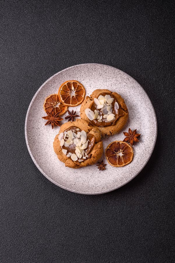 Round Cookies with Nuts and Chocolate Butter Stock Photo - Image of ...