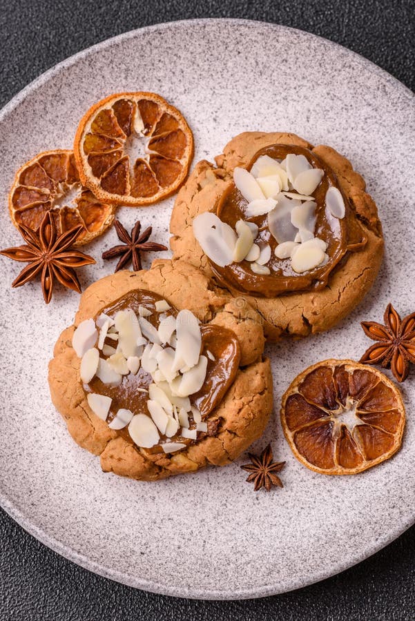Round Cookies with Nuts and Chocolate Butter Stock Photo - Image of ...