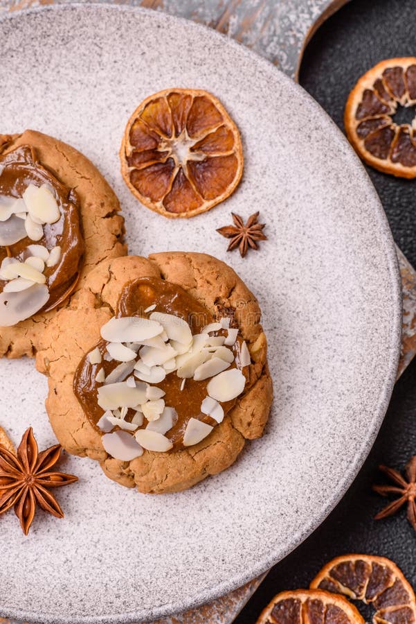 Round Cookies with Nuts and Chocolate Butter Stock Image - Image of ...