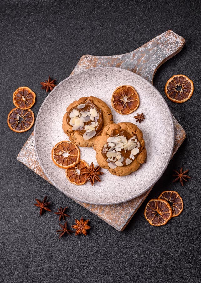 Round Cookies with Nuts and Chocolate Butter Stock Photo - Image of ...