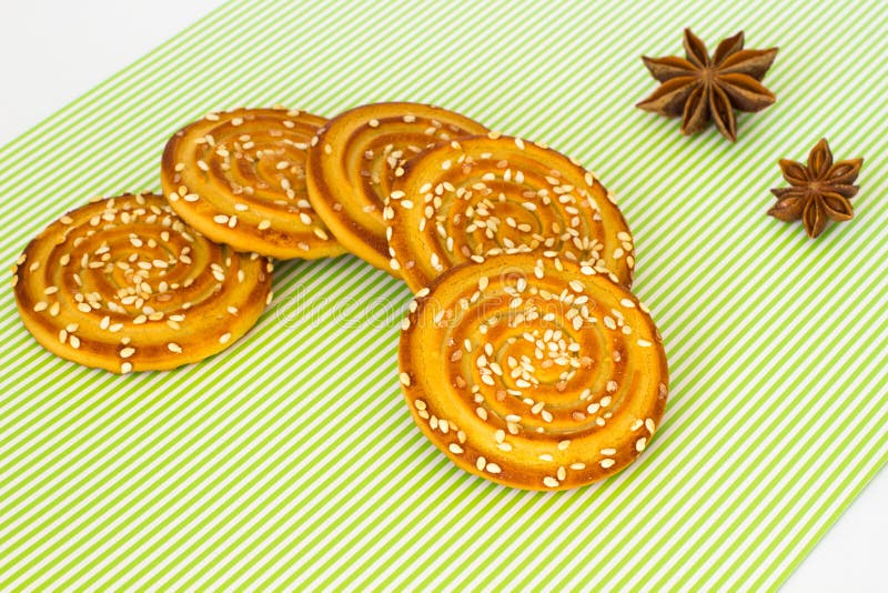 Round Cookies with Sesame Seeds and Star Anise Stock Photo - Image of ...