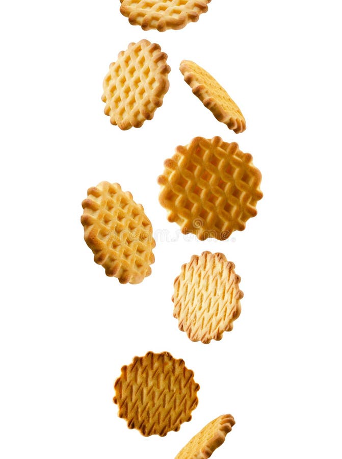 Round Cookies with Wafer Surface Fall in Space. Volumetric Back Light ...