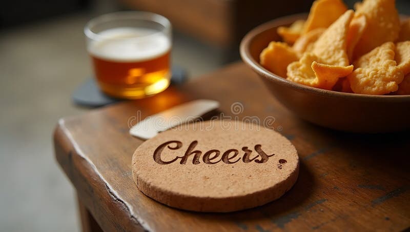 Round Cork Coaster with Cheers Next To Cocktail Glass and Snacks on ...