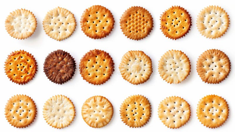 Round Crackers Assortment on White Background, Top View. Snack Food ...