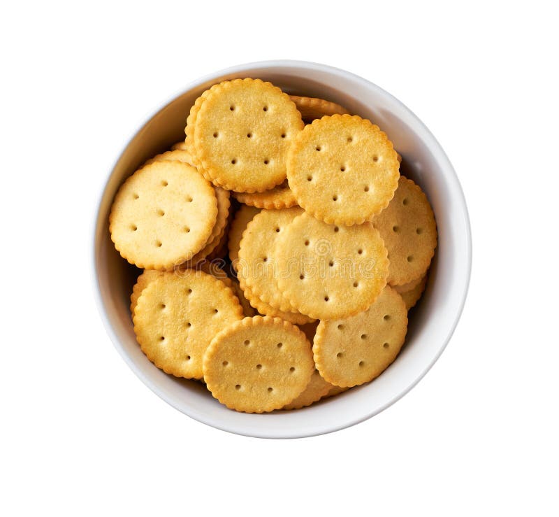 Round Crackers in a Bowl Isolated on White Background, Top View Stock ...